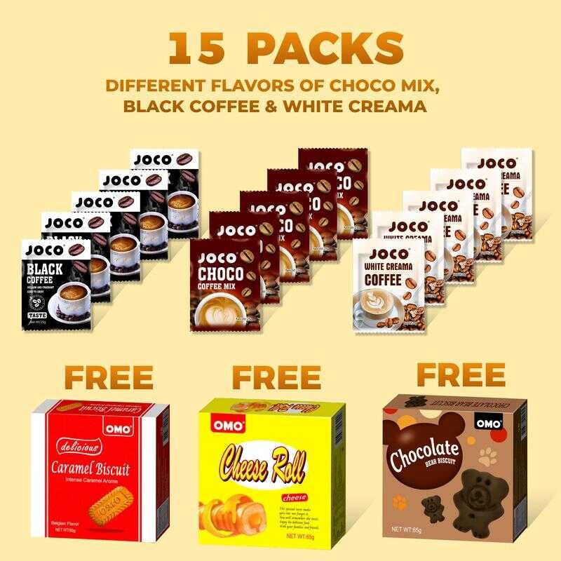 15 PACKS OF JOCO COFFEE FLAVORS WITH FREE CARAMEL Biscuit, CHEESE Roll ...