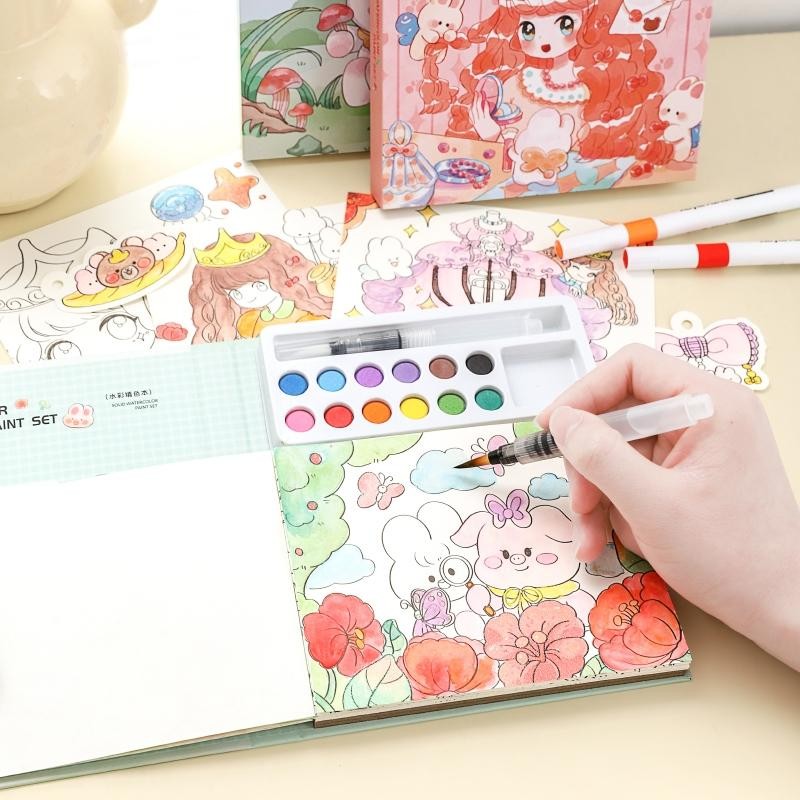 16/24 Sheets Watercolor Coloring Book Set with Paintbrush DIY Colorful ...