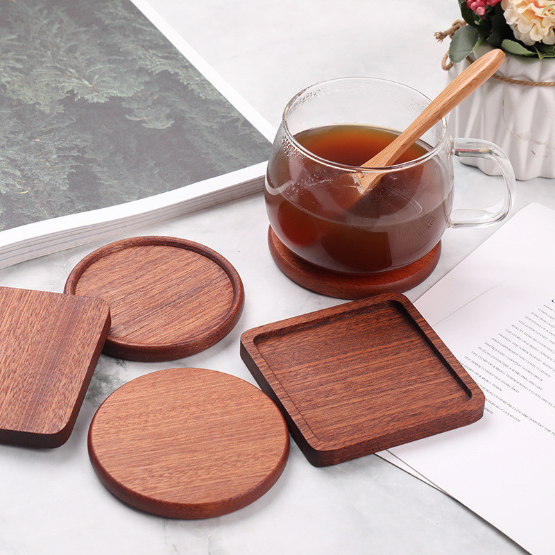 Solid Walnut Wood Coaster Round Square Beech Wood Cup Mat Durable Heat ...