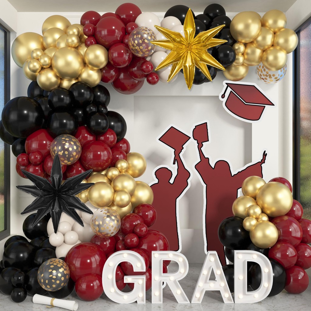 145Pcs Burgundy Black Gold Balloons Arch Kit with Foil Star Balloons ...