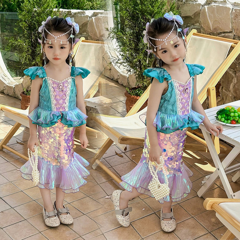 Princess Ariel Mermaid Costume Cosplay Sequined Blue Purple Dress For ...