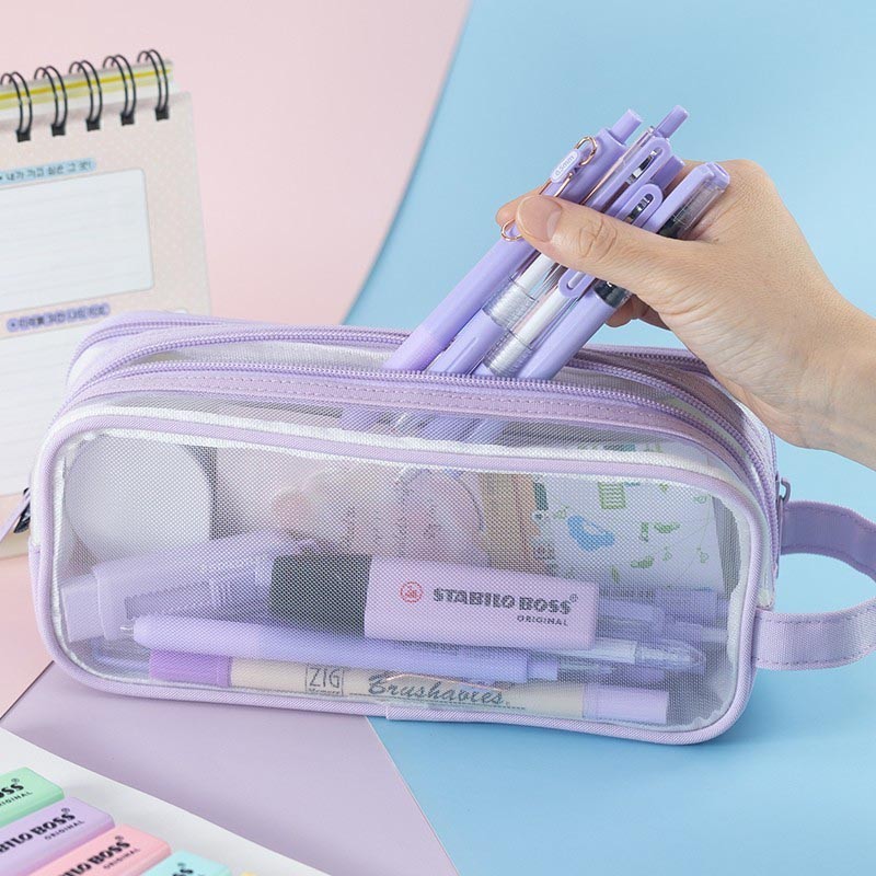 Clear Mesh Pencil Pouch Zipper Transparent 2 Compartment Stationary ...
