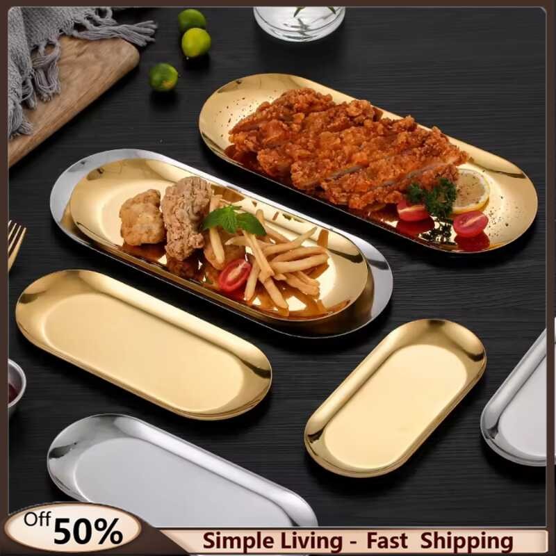 Simple Oval Tray Stainless Steel Dining Steak Food Plate Dessert Fruit ...