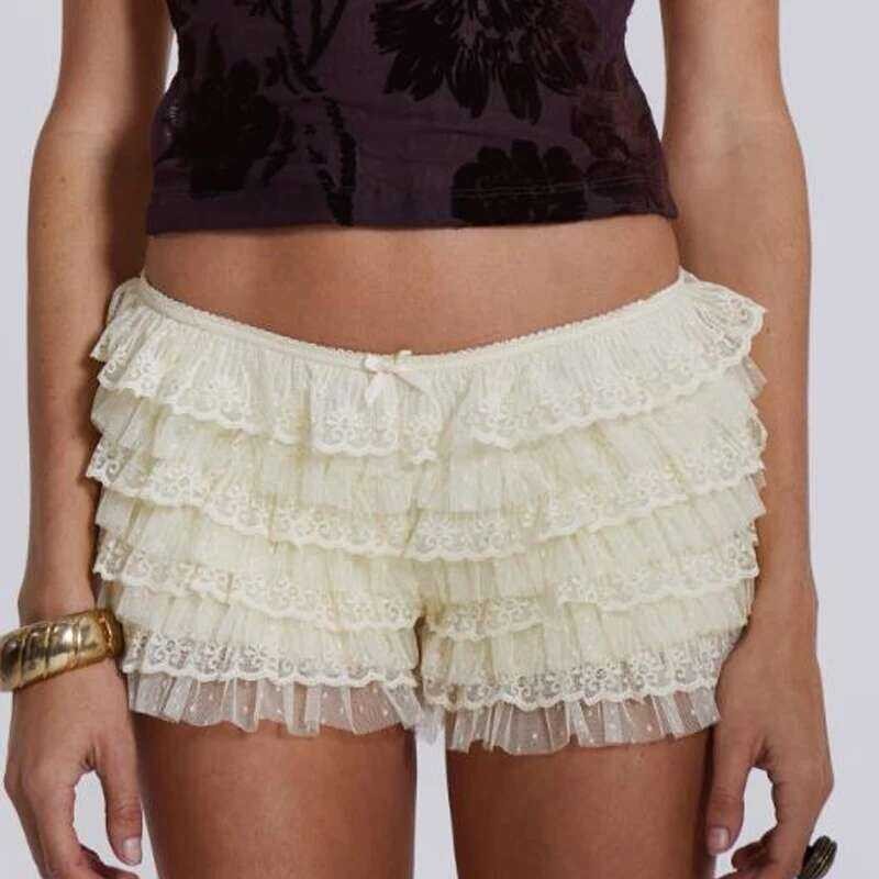 0F Maemukilabe Cu Mesh Layers Booty Shorts Coquette Tiered Ruffled Lace ...