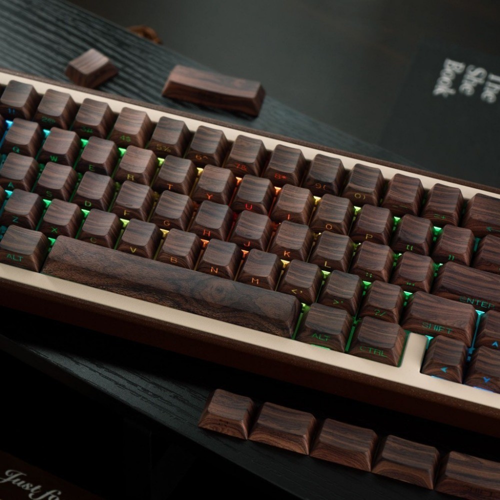 【Local Delivery】Walnut Imitation Wooden Keycaps Cherry Side Print Shine ...