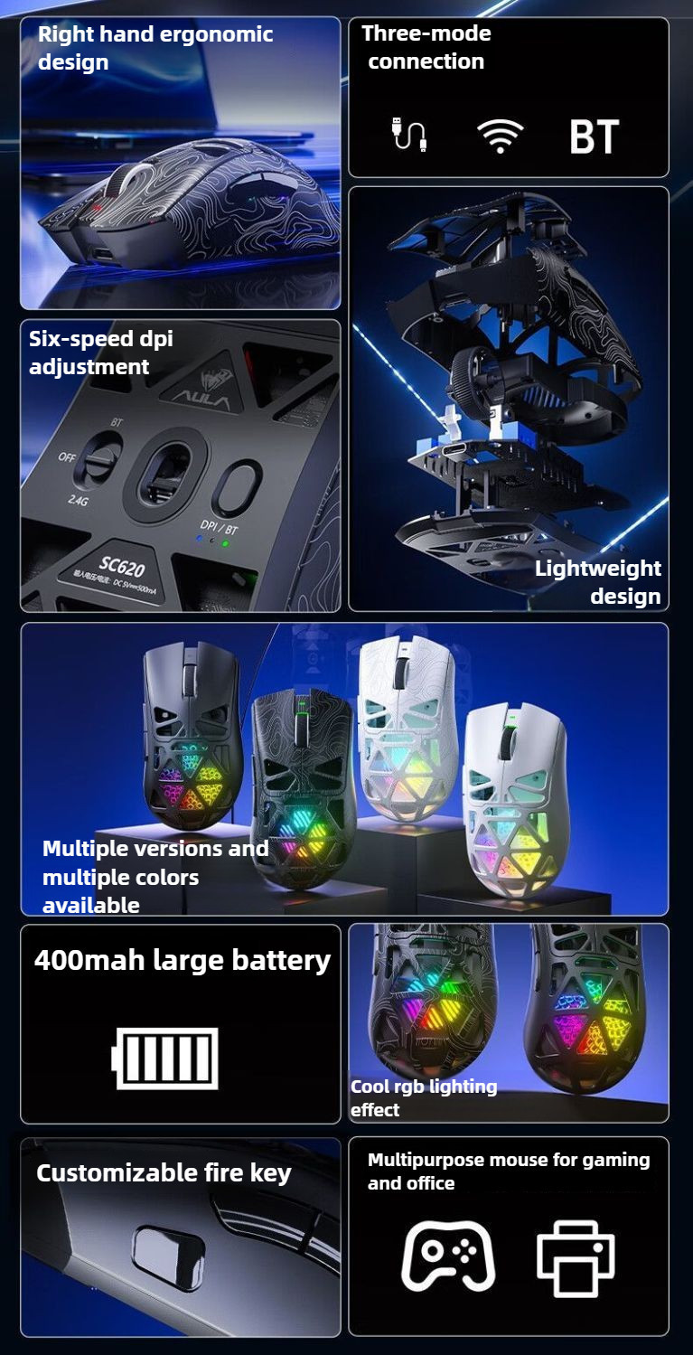 AULA SC620 Mini Mouse Three Mode Lightweight Wired Wireless Bluetooth ...