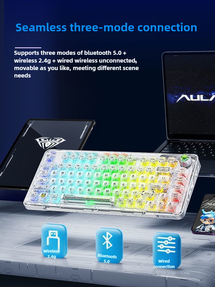 AULA F81 Wireless Bluetooth Three Mode Transparent Mechanical Keyboard ...