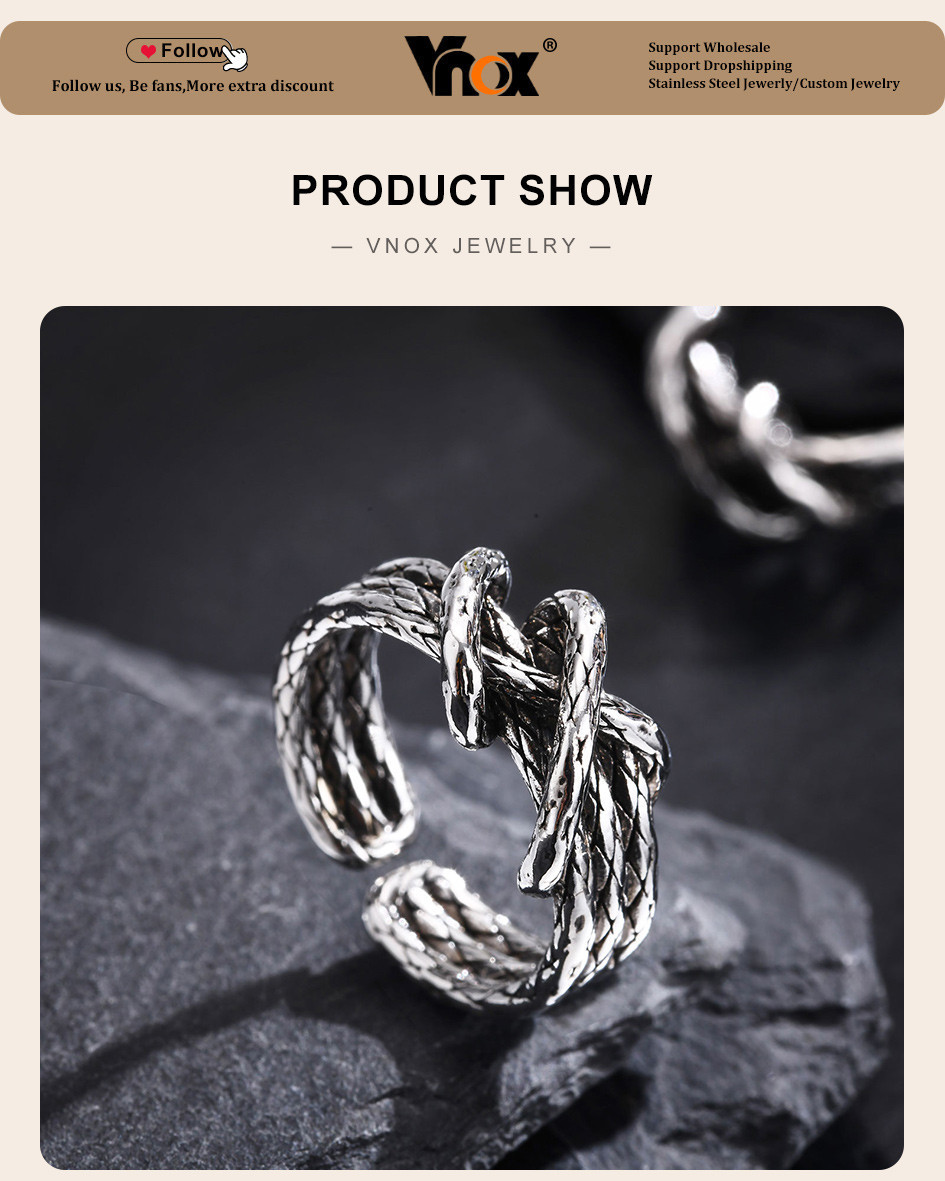 Vnox Retro Woven Rope Ring For Men Silver Color Punk Gothic Adjustable ...
