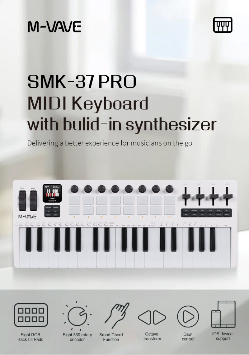 M-VAVE SMK-37 PRO Keyboard 37 Key 3.5mm MIDI 16 RGB Drum Padswith Sound ...