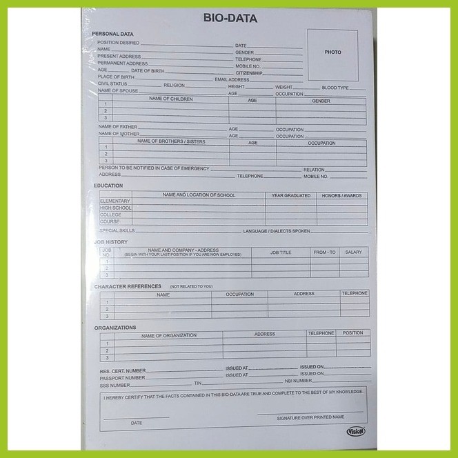 ∆ BIO-DATA ( 1 pad only 90 - 100 pcs / pad ) , 8 1/2 X 13 inches size ...