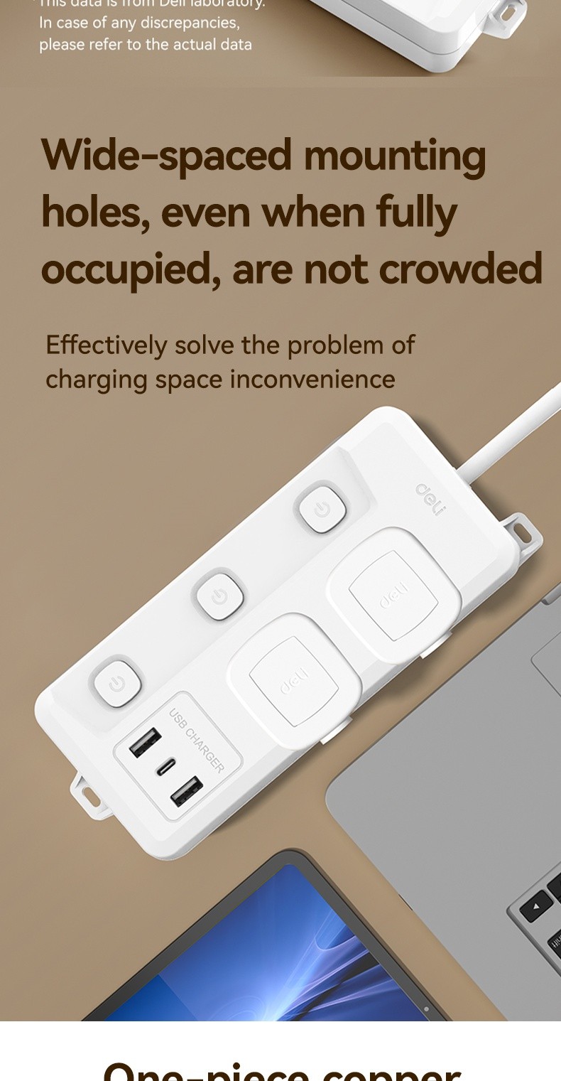 Deli Tools 2/3/4 Sockets Universal Power Extension 2 USB Ports 2M Power ...