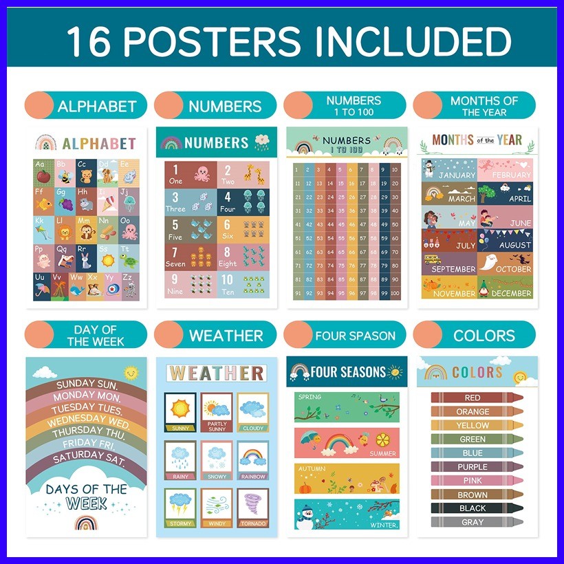 12 16 Pcs ABCD Chart For Kid Educational Set Wall Colors Numbers ...