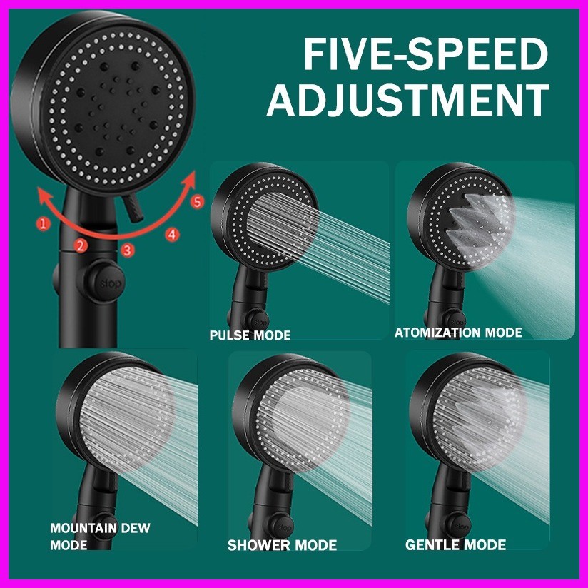 ️ 3 in 1 Shower Head Set 5-speed Booster Shower with Hose Portable ...