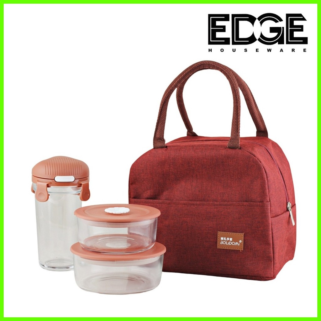 Edge 3 Pieces Insulated Lunch Box set 2 pcs Microwave safe Glass Food ...