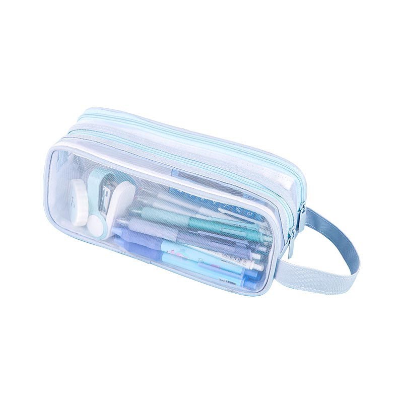 Clear Mesh Pencil Pouch Zipper Transparent 2 Compartment Stationary ...