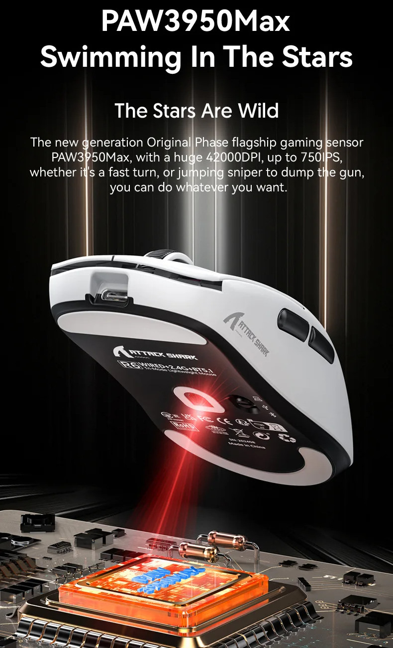 Attack Shark R6 Wireless Gaming Mouse 42000DPI 8K Polling Rate 3-mode ...