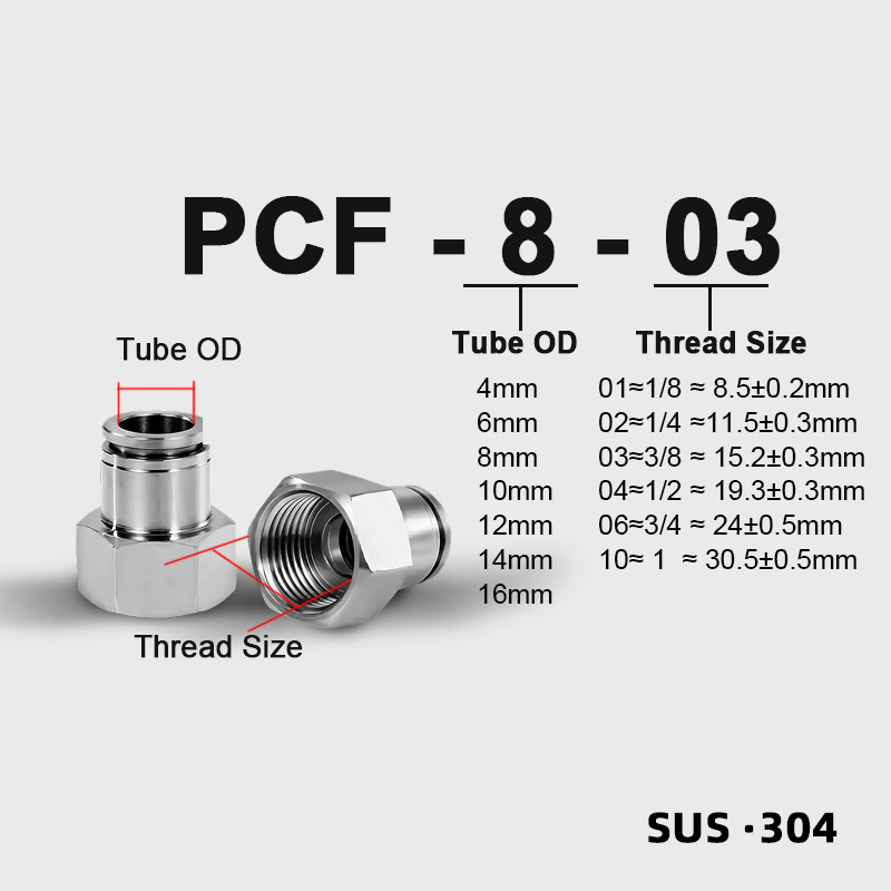 PCF8-01 304 stainless steel Female thread Pneumatic Air Fittings 10-02 ...