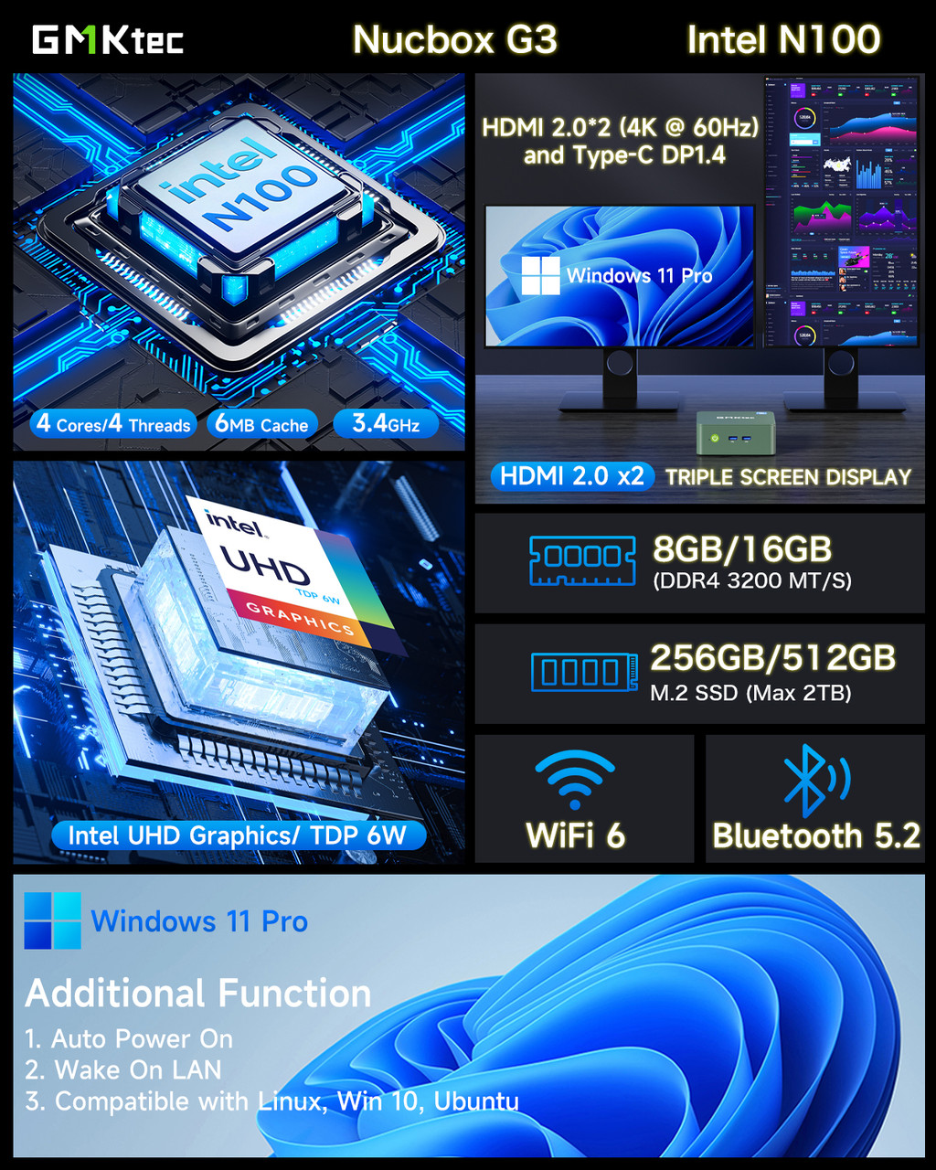 GMKtec G3 Mini PC Intel Alder Lake N100 Windows 11 Pro Mini PC 8/16GB ...