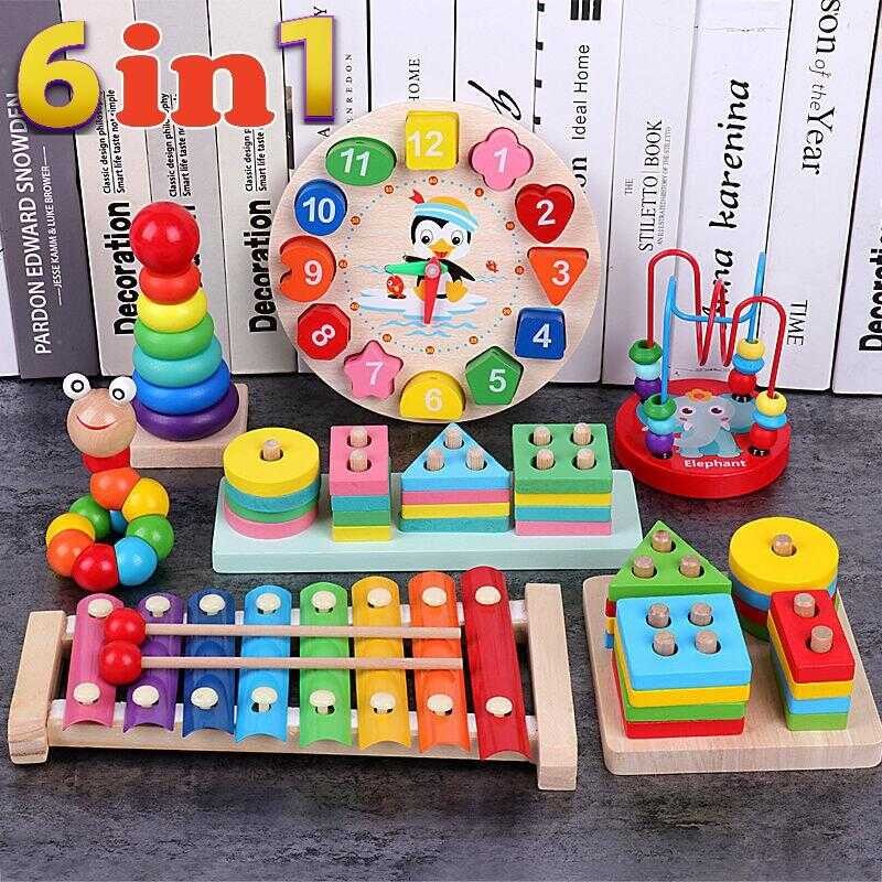 6 In 1 Wooden Educational Toy Gift Set Shape Sorter Toys For Kids ...