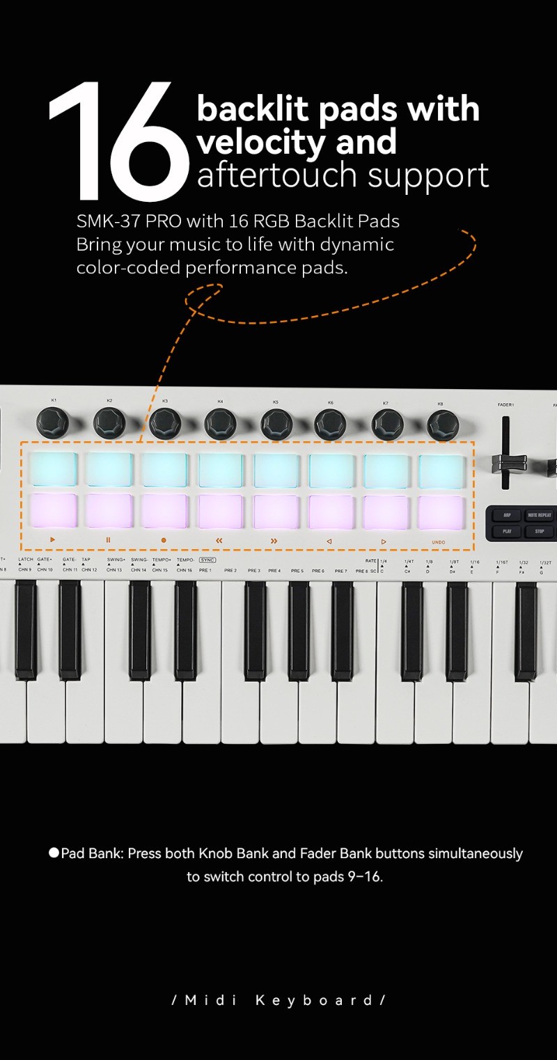 M-VAVE SMK-37 PRO Keyboard 37 Key 3.5mm MIDI 16 RGB Drum Padswith Sound ...