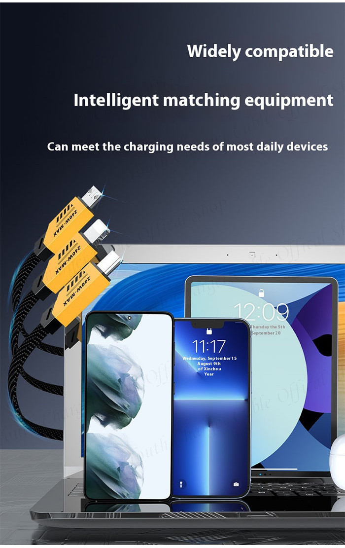 240W Super Fast Charging Data Cable 3-in-1 USB to ios/Type C/Micro ...