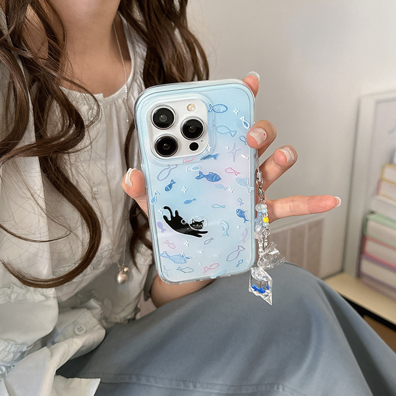 INS Gradient Blue Fish Black Cat 2 in 1 Phone Case Compatible for ...