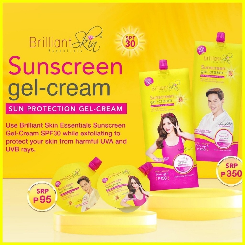 BRILLIANT SKIN SUNSCREEN GEL CREAM 13G AND 50G SACHET SPF 30 | Shopee ...