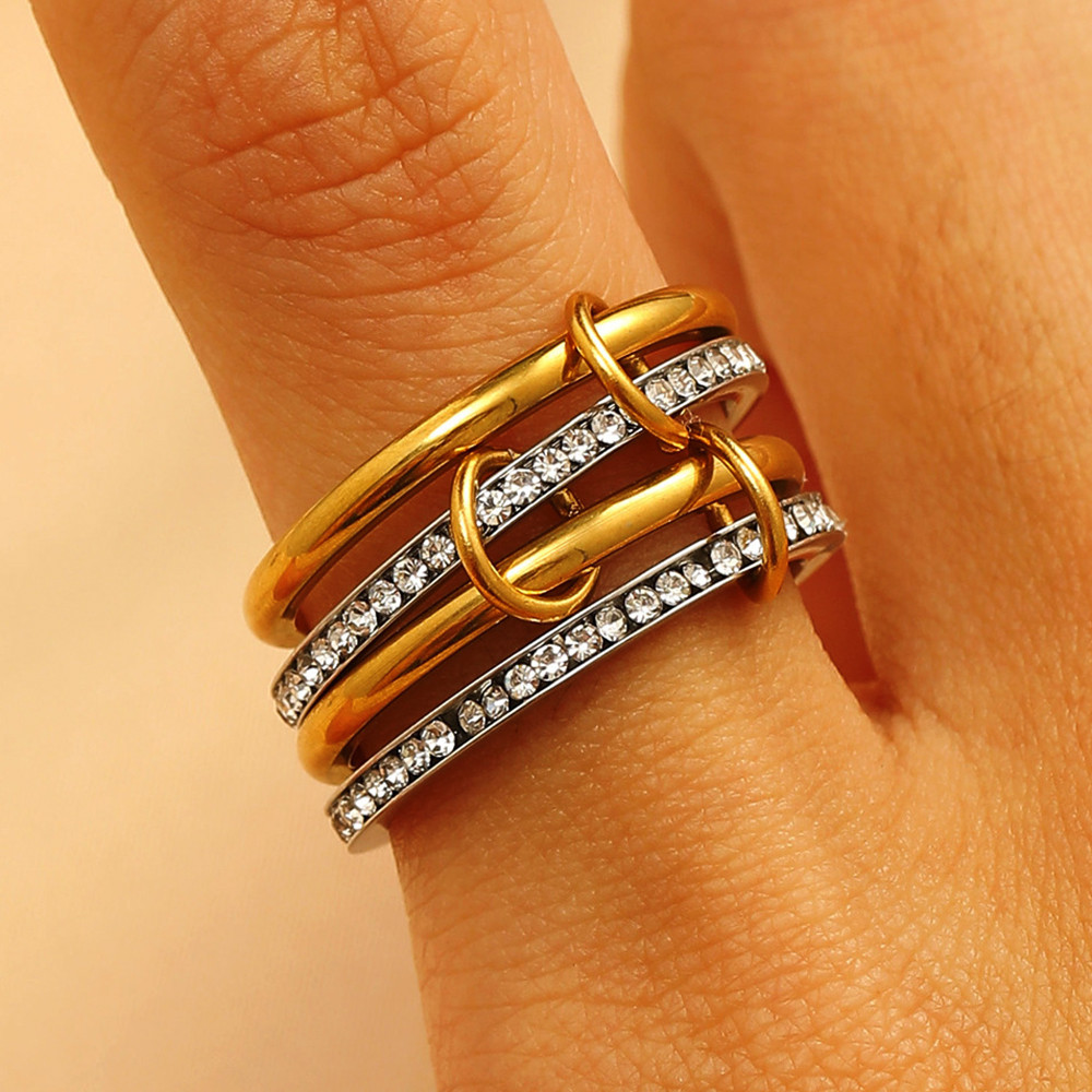Two-Color Four-Ring Stainless Steel Jewelry Fashion Ins Style CZ ...