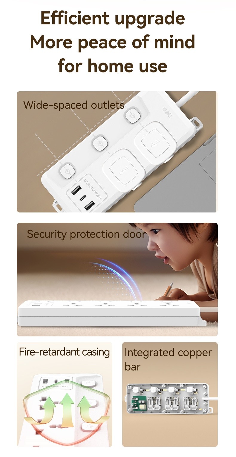 Deli Tools 2/3/4 Sockets Universal Power Extension 2 USB Ports 2M Power ...