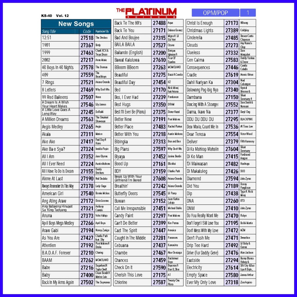 Volume 12 to 21 Song Lists of Platinum K-box 2 KS-40 (46 Pages) | Shopee Philippines