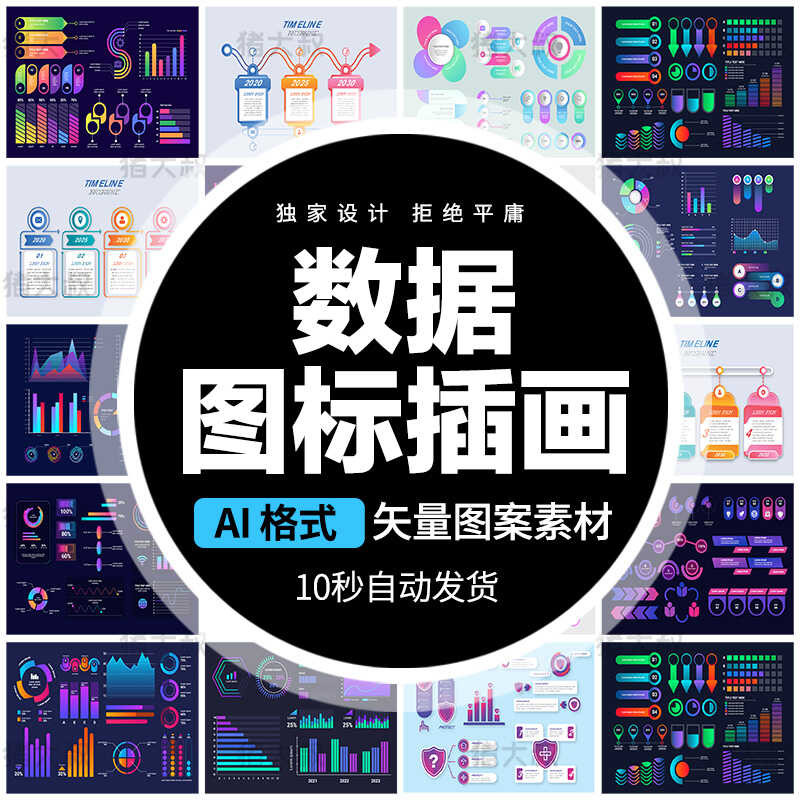 Visual data information statistics dashboards, curves, bar pie charts ...