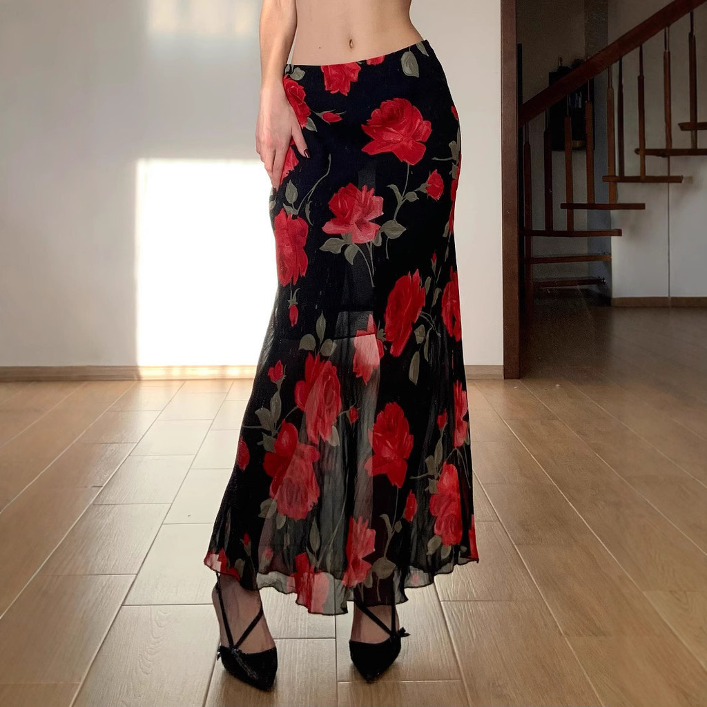 SweeticMe Women's 2025 New Fashion Mesh See Through Rose Print All ...