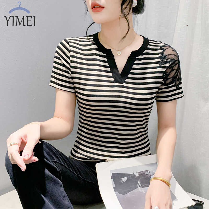 YIMEI 2024 New Personalized Embroidered V-Neck Cotton Top Summer Short ...
