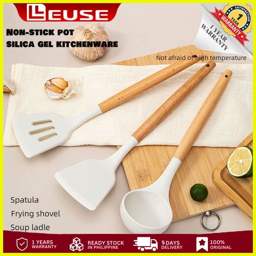 LEUSE White Silicone Kitchenware Cooking Tool Utensils Set with Wooden ...