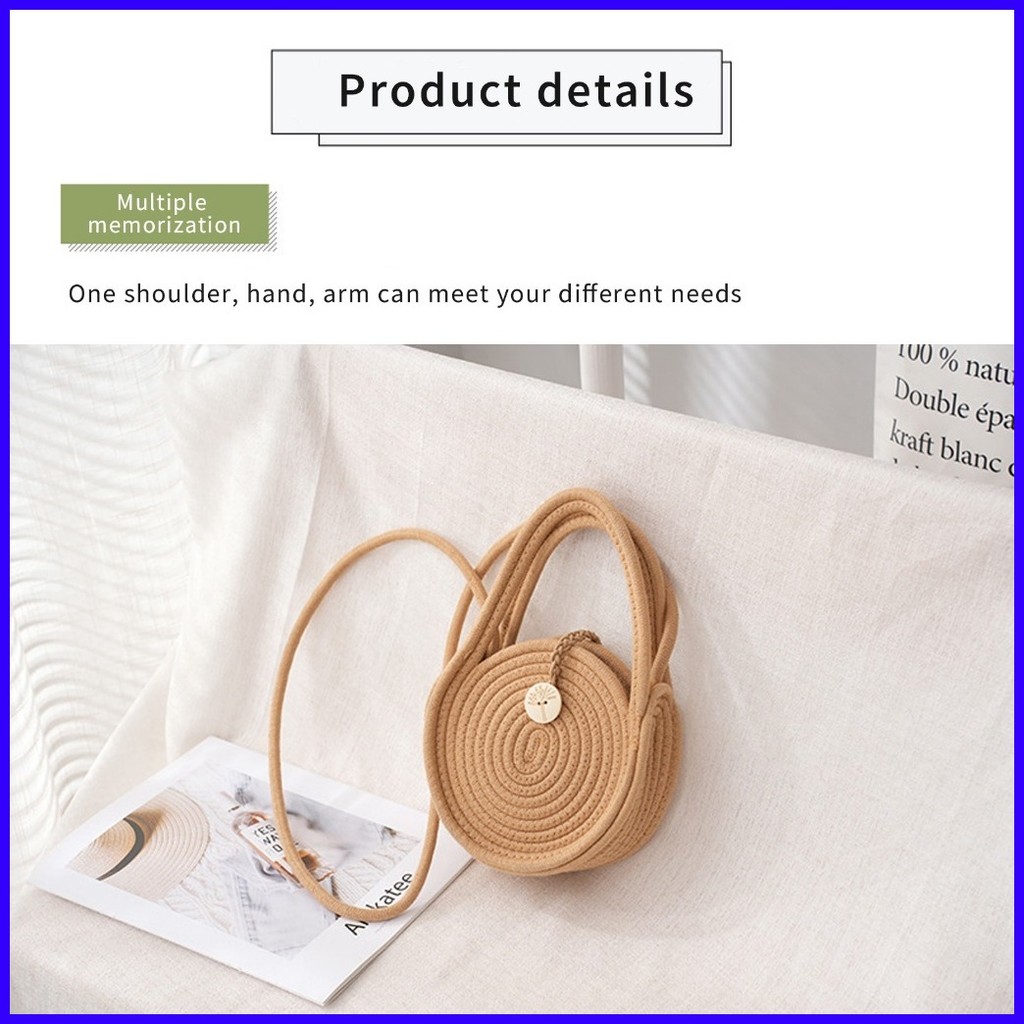 COD Women Round Shoulder Bag Cotton Strap Handbag Bohemian Straw Beach ...