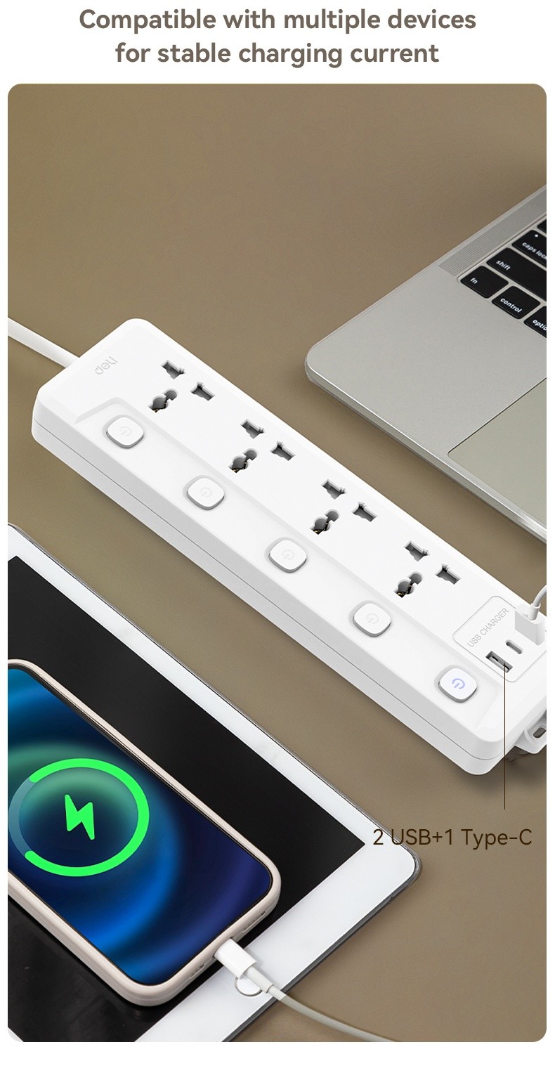 Deli Tools 2/3/4 Sockets Universal Power Extension 2 USB Ports 2M Power ...