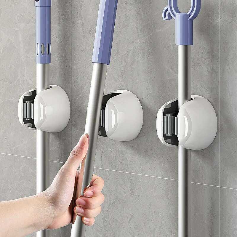 Cosmetic COD Storage Rack Roller Hooks Self Adhesive Wall Mounted Mop Broom Hanger Rack ...