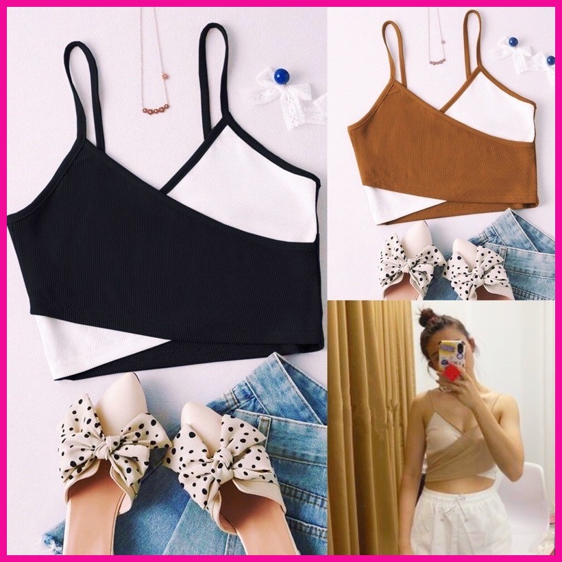 ☪ ∆ Ladies Two Tone Crop Top Criscross OverLap Design Spaggeti Strap ...