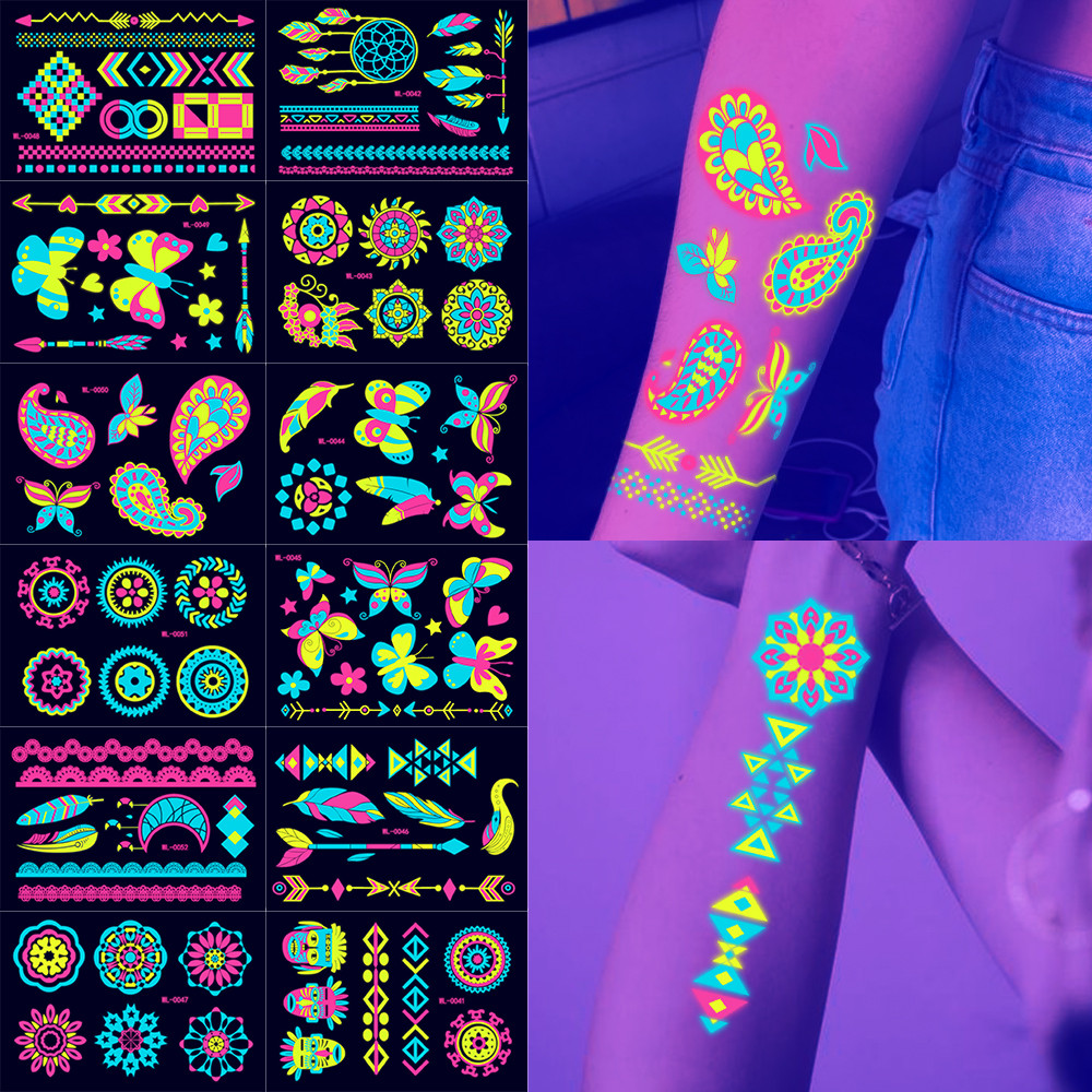 Luminous Temporary Tattoos Stickers UV Neon Fluorescent Glow in the ...