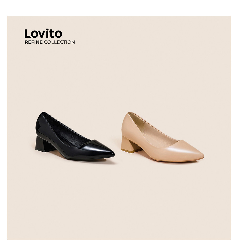 (Elegant) (Refine by Lovito) Women Plain Patent Pointed Toe Block Heel ...