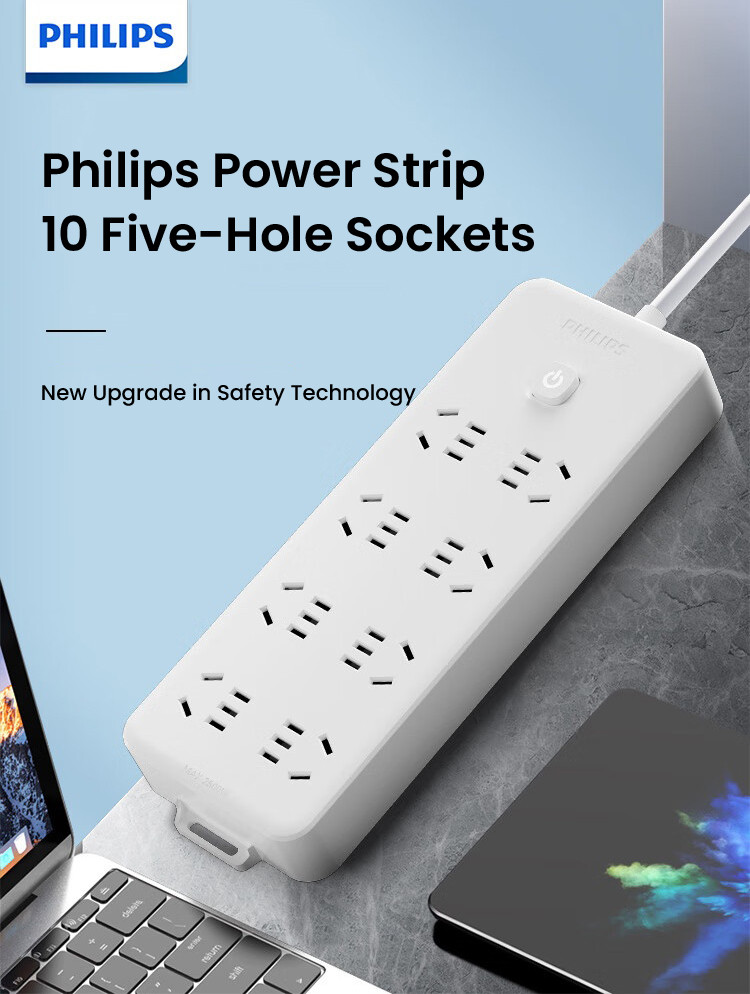 Philips Power Strip 10 Five-Hole Sockets 3M CHN with 1pc travel adaptor ...
