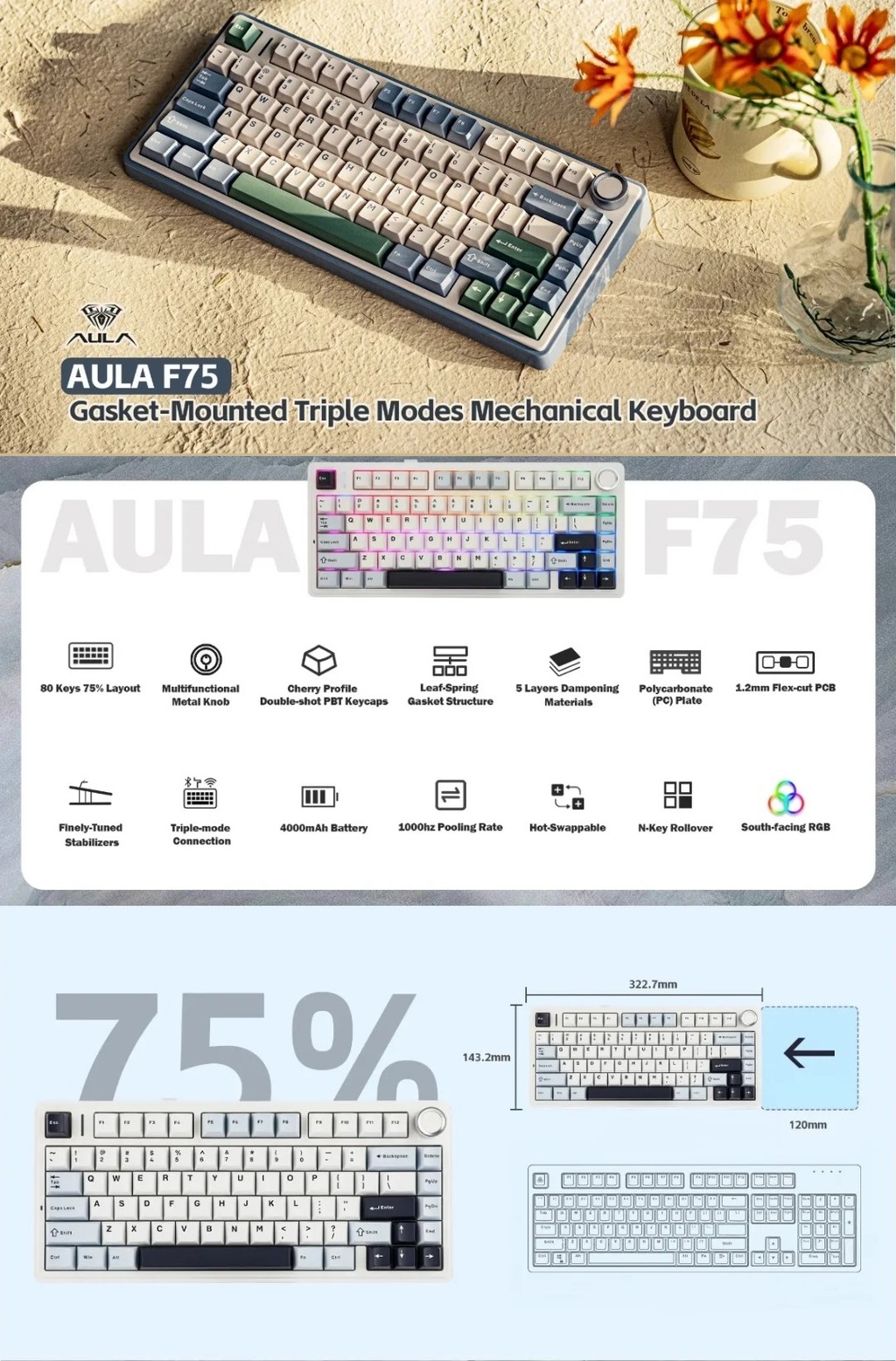 AULA F75 Max Wireless Mechanical Keyboard 80 Keys RGB 3 Mode 2.4G/ BT ...