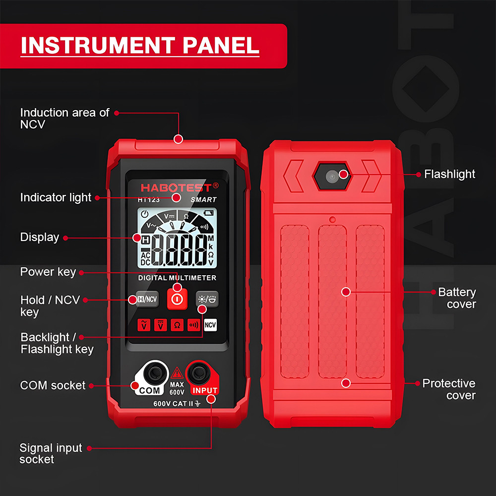2026New HT123 Smart Digital Multimeter 600V AC/DC Voltage Resistance ...