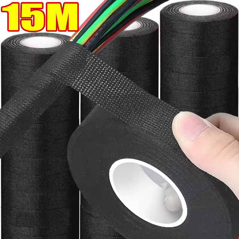 15m Black Electrical Fabric Tape - Heat Resistant Insulation Auto ...