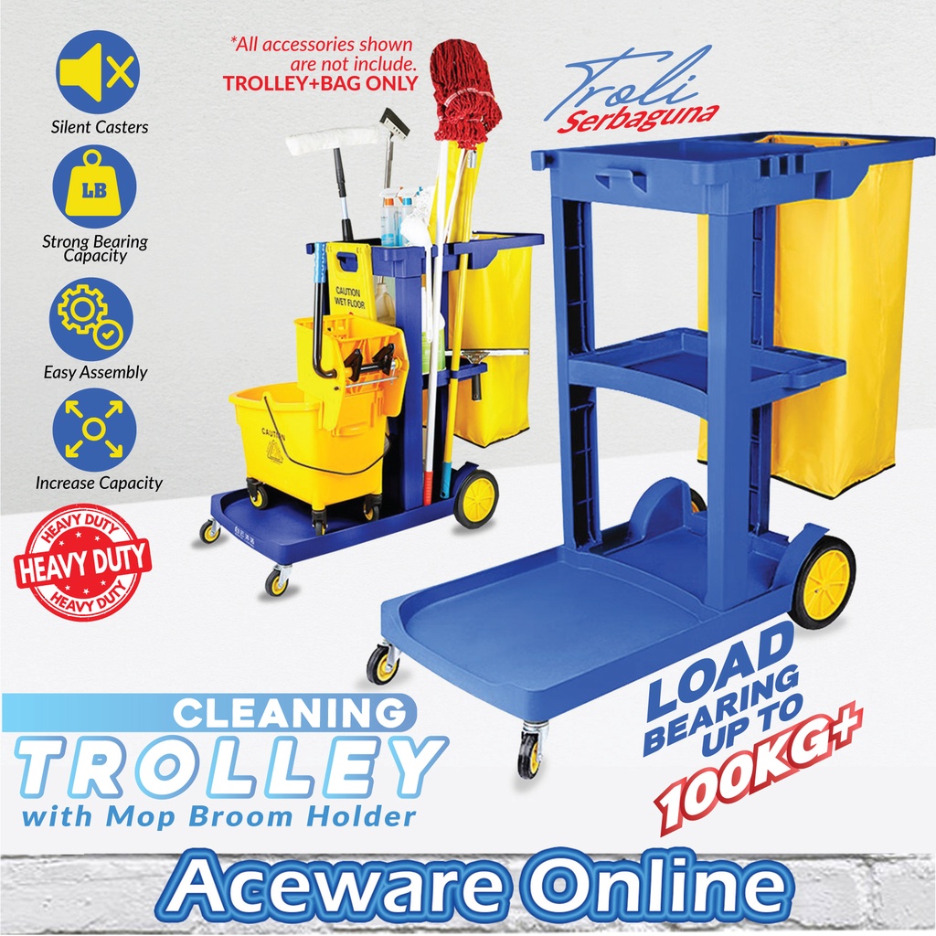 Heavy Duty Housekeeping Blue Trolley with Broom Mop Holder Multipurpose ...