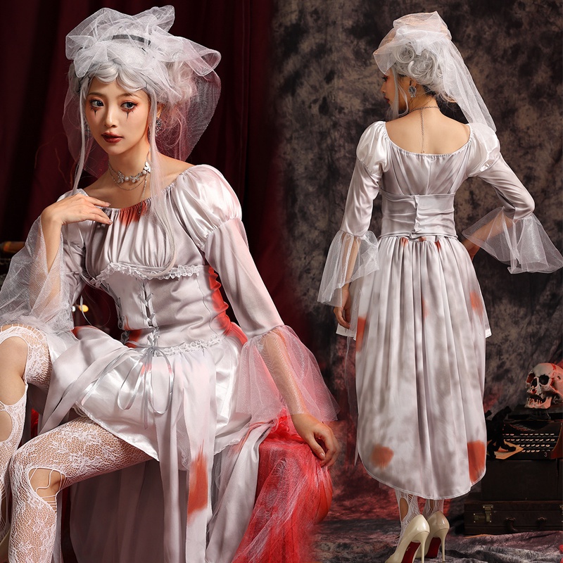Horror Ghost Bride Costume Cosplay White Dress For Kids Girl Adult ...