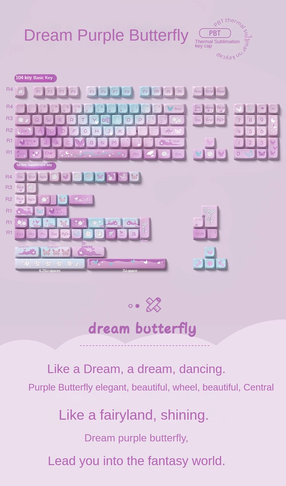 Dream Purple Butterfly Theme Keycap Purple MDA/Cherry High PBT ...