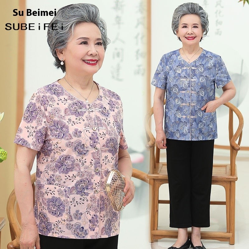 Grandma Summer Short-Sleeved Ice Silk Top 60-70 Years Old Elderly Shirt ...
