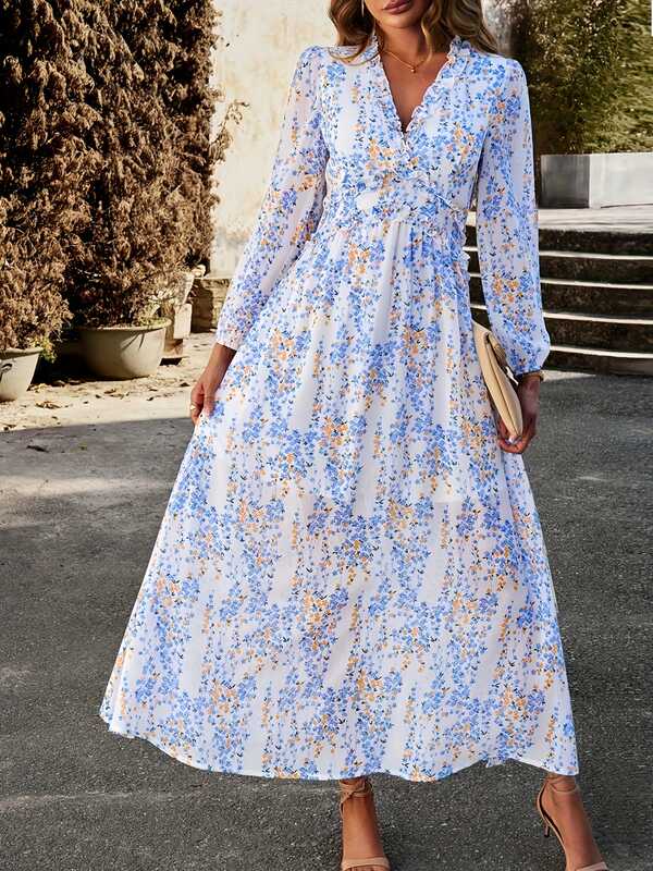 Ditsy Floral Print Surplice Neck Boho Long Sleeve Lettuce Trim Dress ...