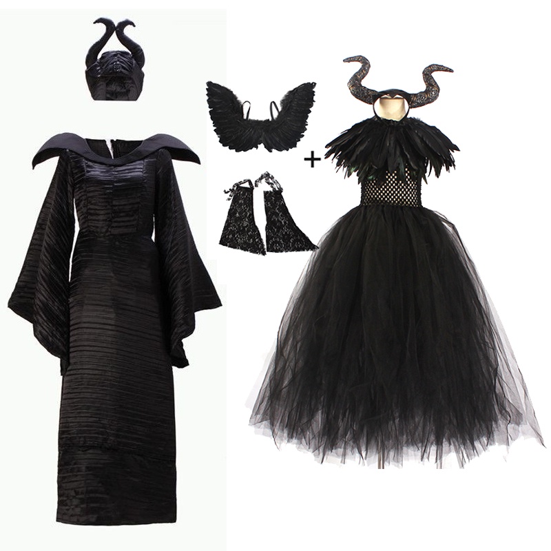 Movie Maleficent Costume Adult Kids Women Witch Dress Demon Cosplay ...